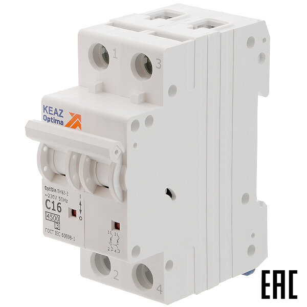 Автоматический выключатель OptiDin КЭАЗ 16А/2п/ 4,5кА на Din-рейку 326803 ВМ-63-2C16 (4 шт. в наборе)