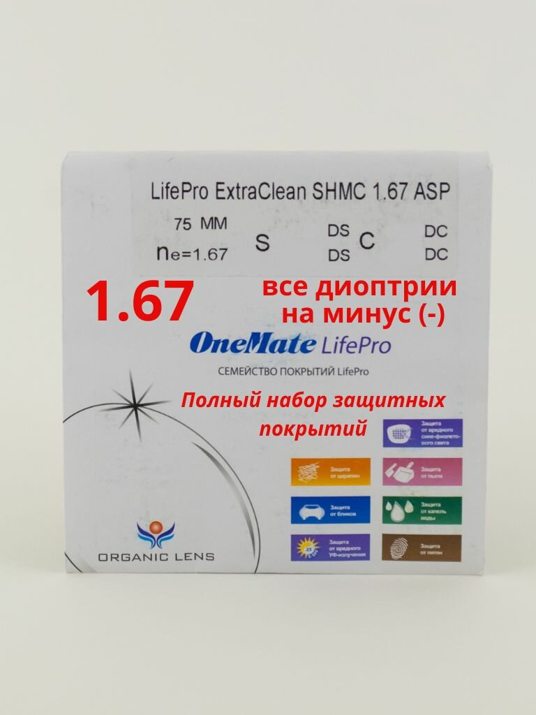 Линза для очков, сфера -7.00 , цил -0.75 асферическая с гидрофобным, олеофобным, упрочняющим покрытием и защитой от синего спектра. Индекс 1,67