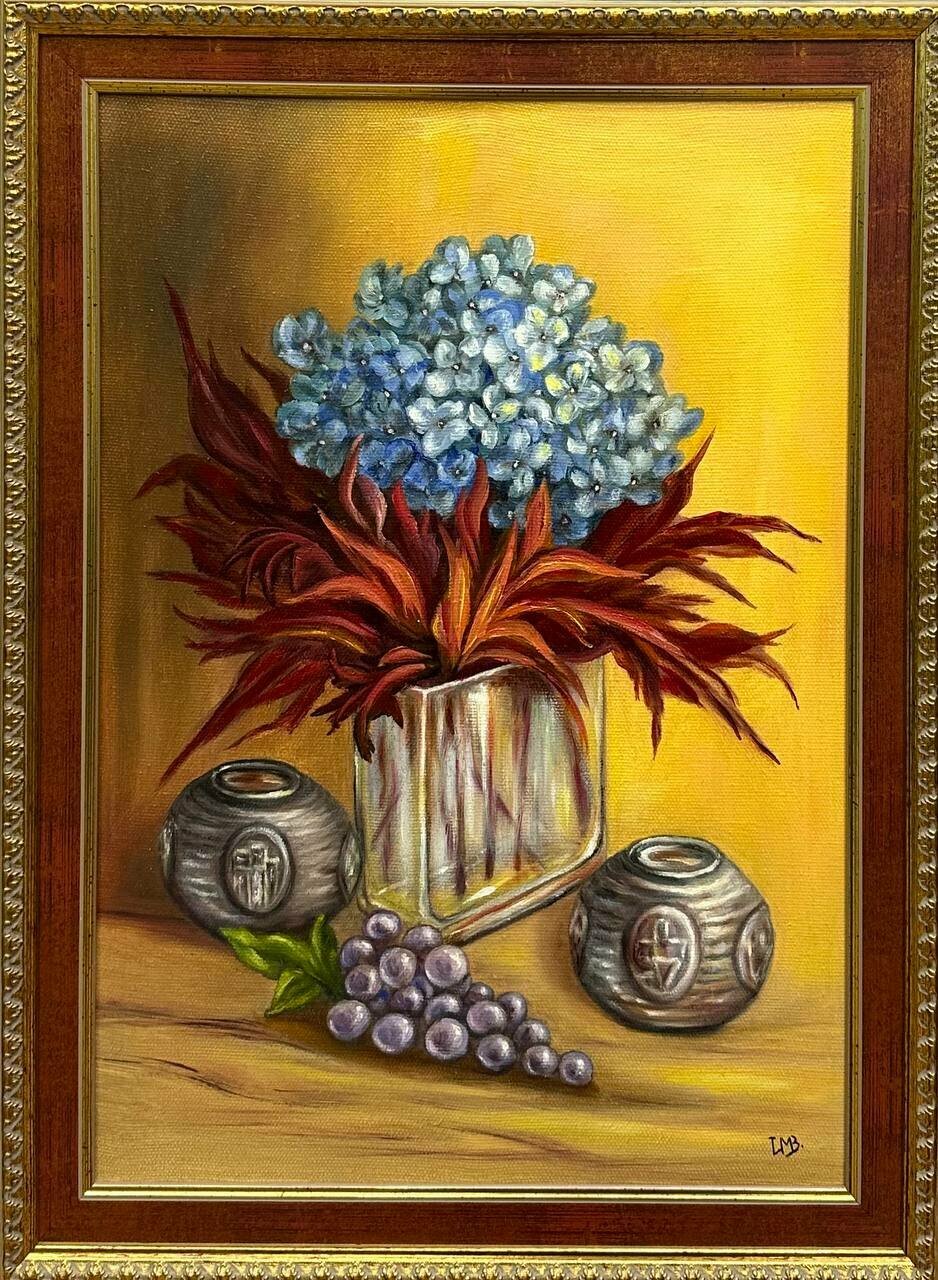 Картина маслом на холсте, легкость и воздушность "Натюрморт с гортензией"