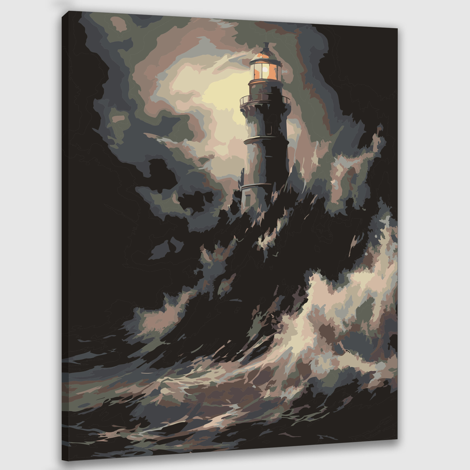 Картина по номерам 40x50 см, масляная картина, маяк, скалистый утес, штормовое море, драматичные облака, предвкушение