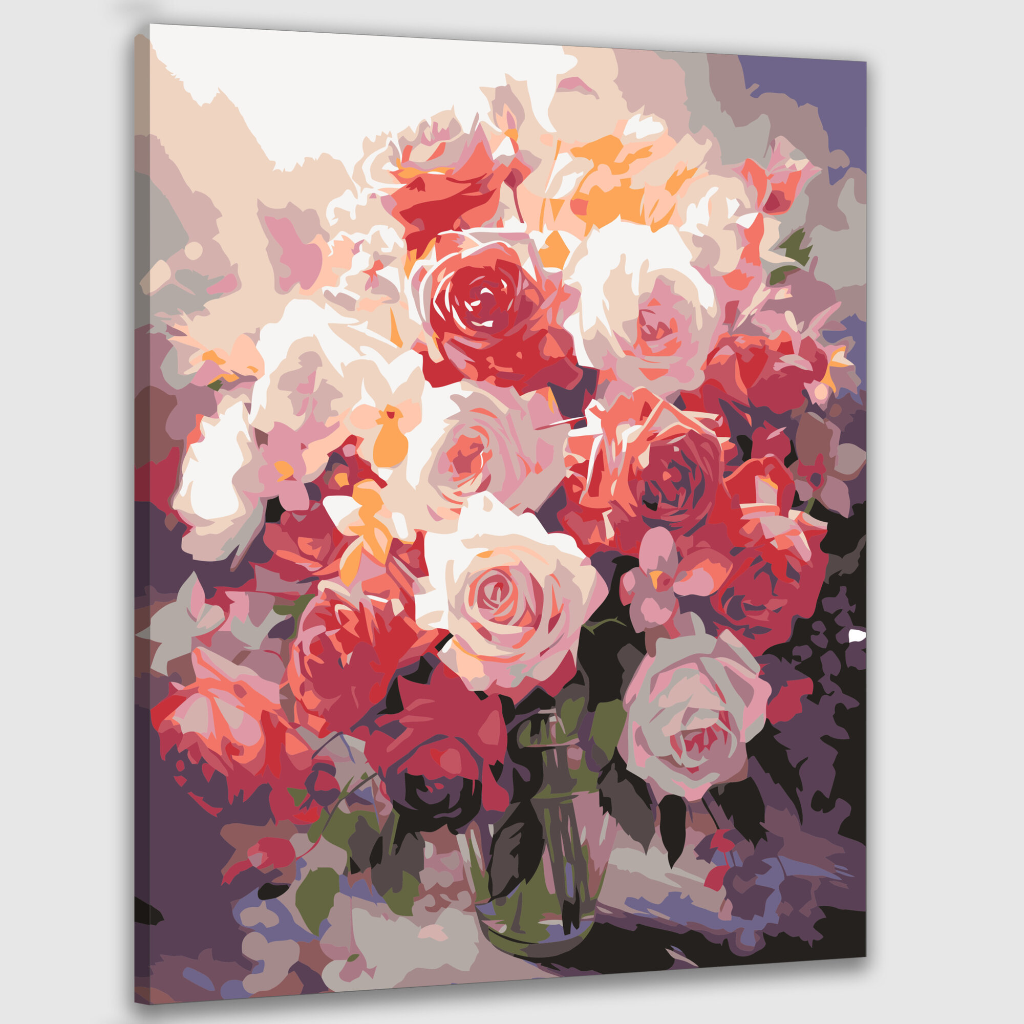 Картина по номерам 40x50 см, розы, букет, красный, розовый, белый, свет, солнце, восход, иллюстрация, акварель, теплый