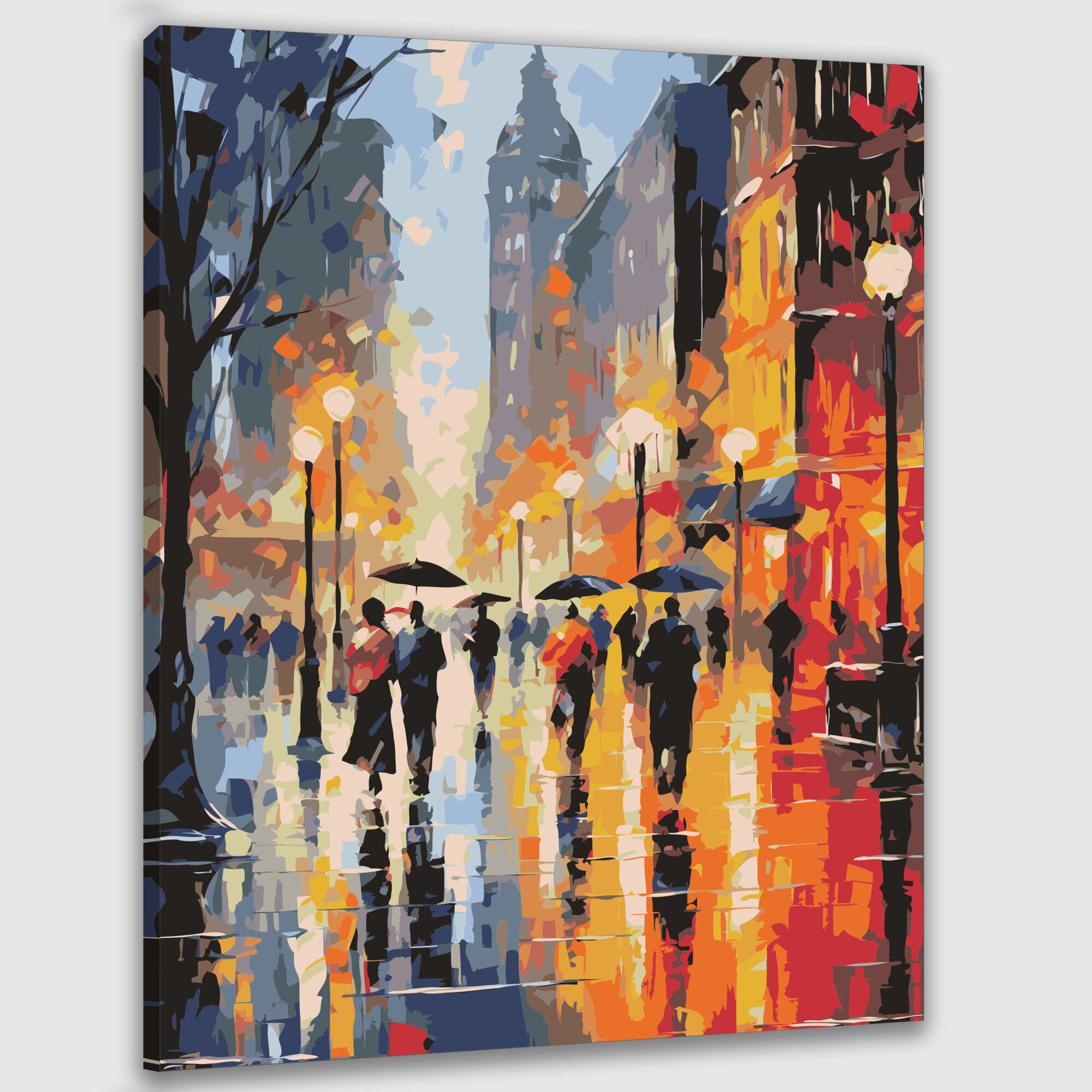 Картина по номерам 40x50 см, городская улица, дождь, зонтики, отблески на тротуаре, яркие цвета, энергичные мазки кисти