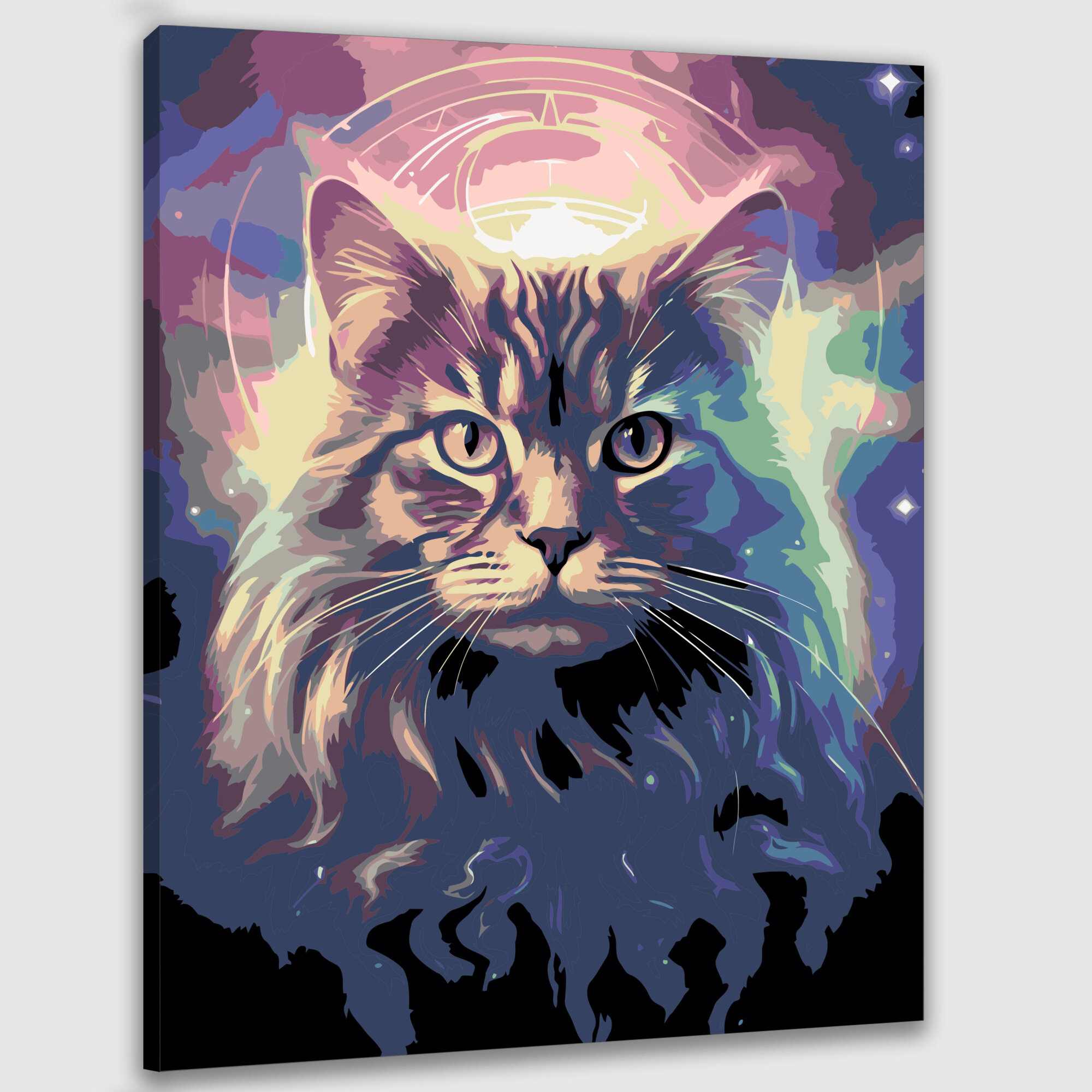 Картина по номерам 40x50 см, мистический, цифровой, коллаж, кошка, мейн-кун, галактики, созвездия, узор, мех, глаза