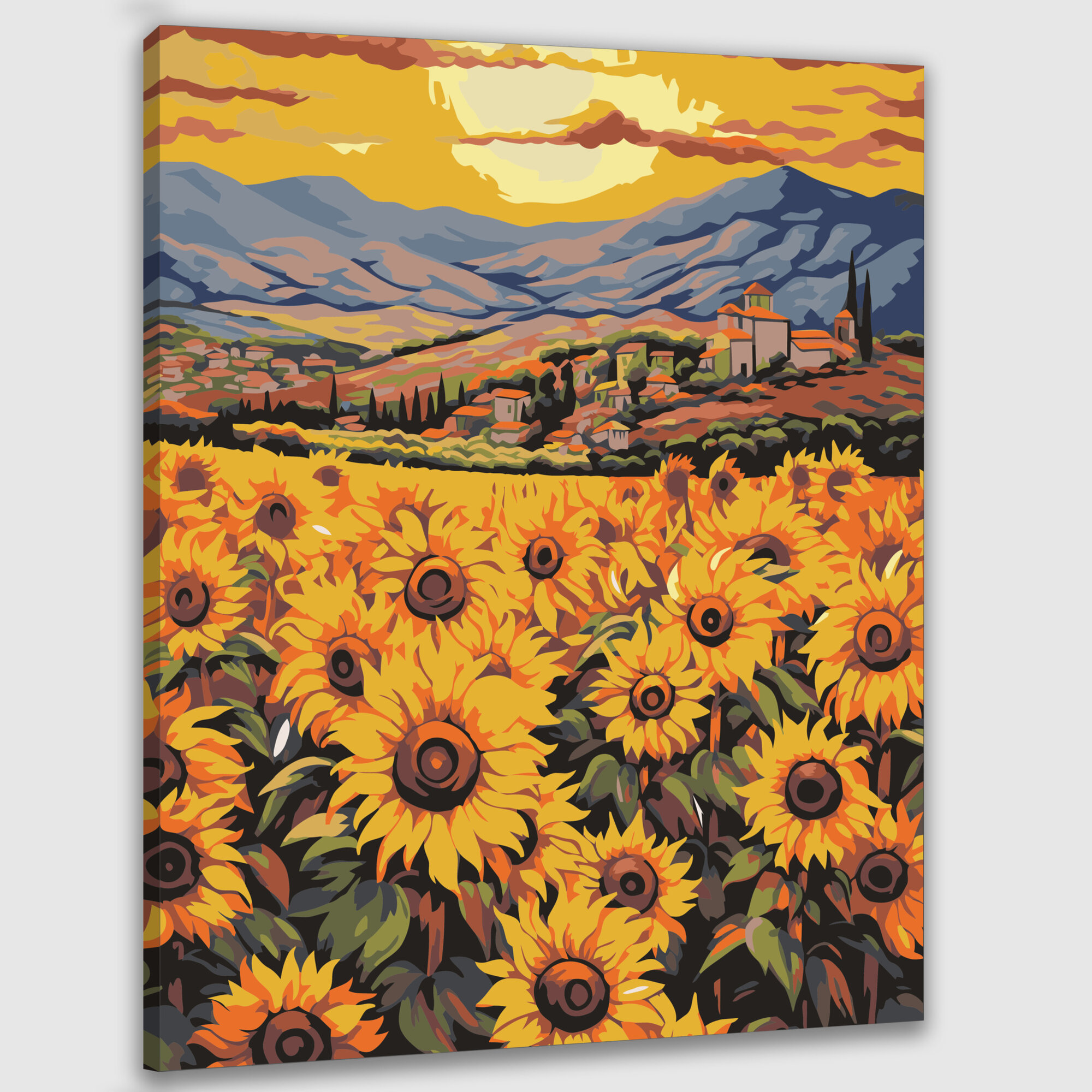 Картина по номерам 40x50 см, картина маслом, сельская местность, подсолнухи, золотистый свет, стиль Ван Гога