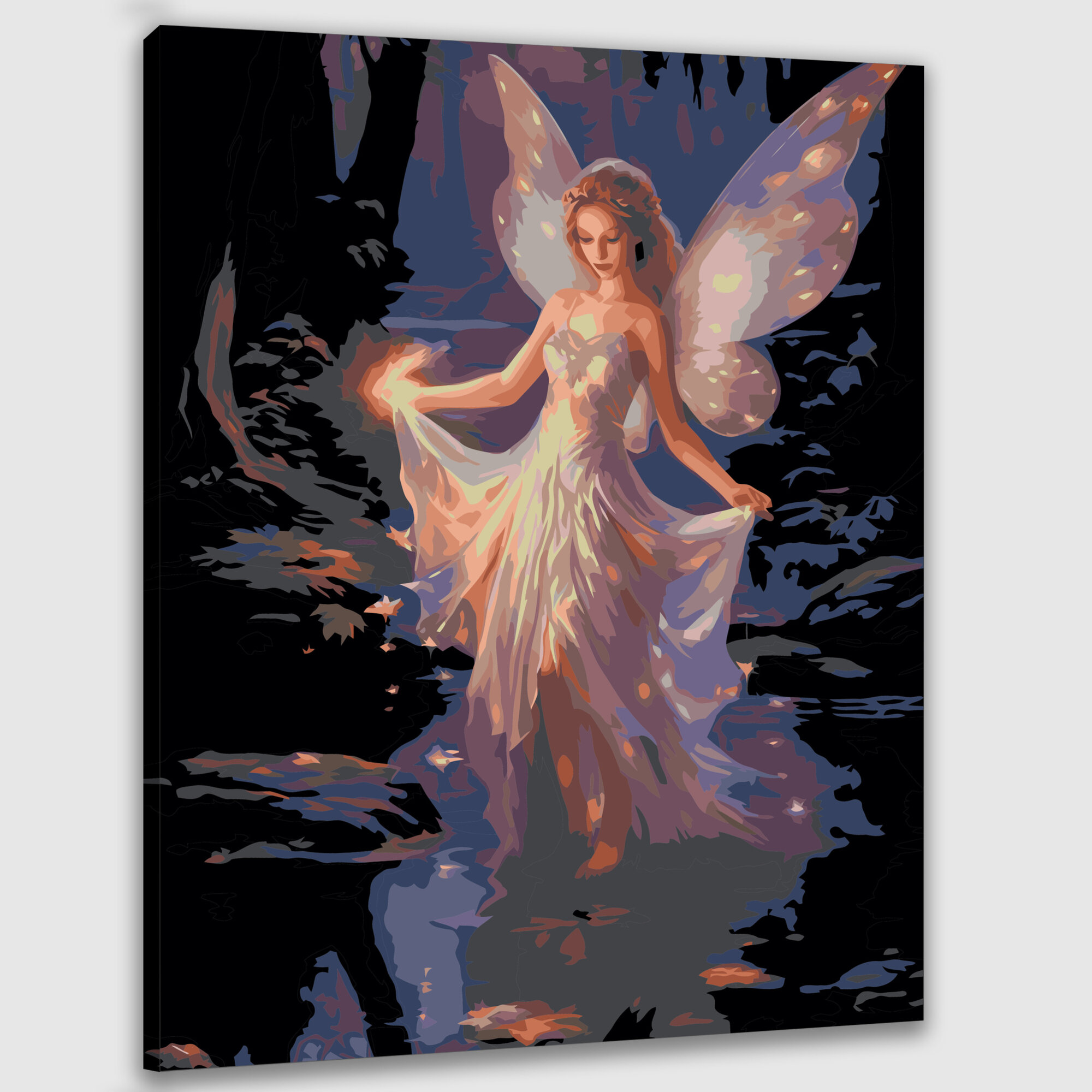 Картина по номерам 40x50 см, картина маслом, волшебница, фея, радужные крылья, танец, лунный свет, лес, сияние