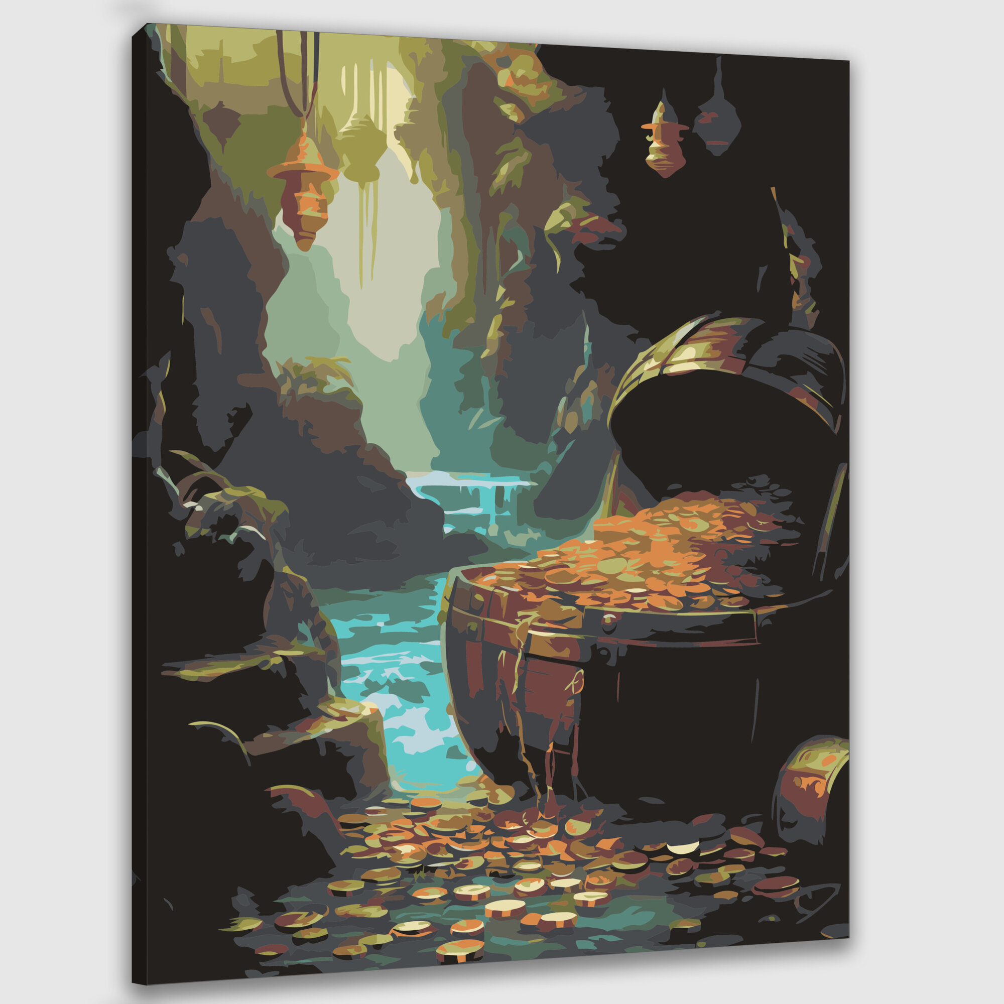 Картина по номерам 40x50 см, картина, масло, пиратская пещера, сокровища, тропический остров, золотые монеты