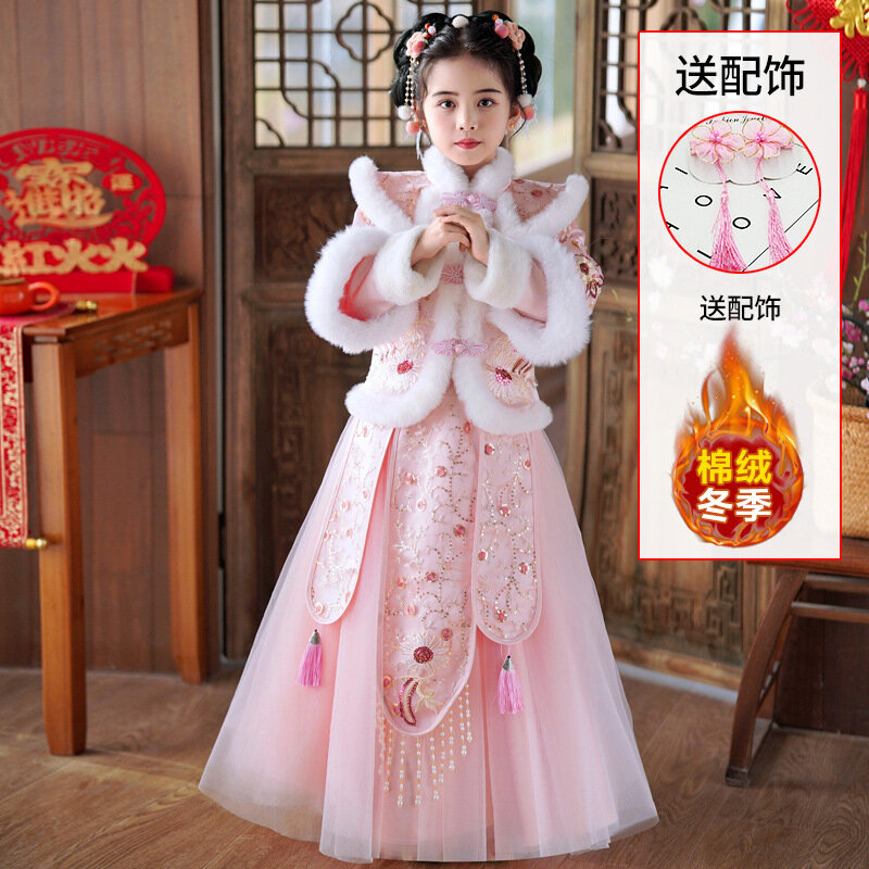 Зимнее платье Hanfu, для девочек, 150 см, розовое, стеганое, с заколкой для волос