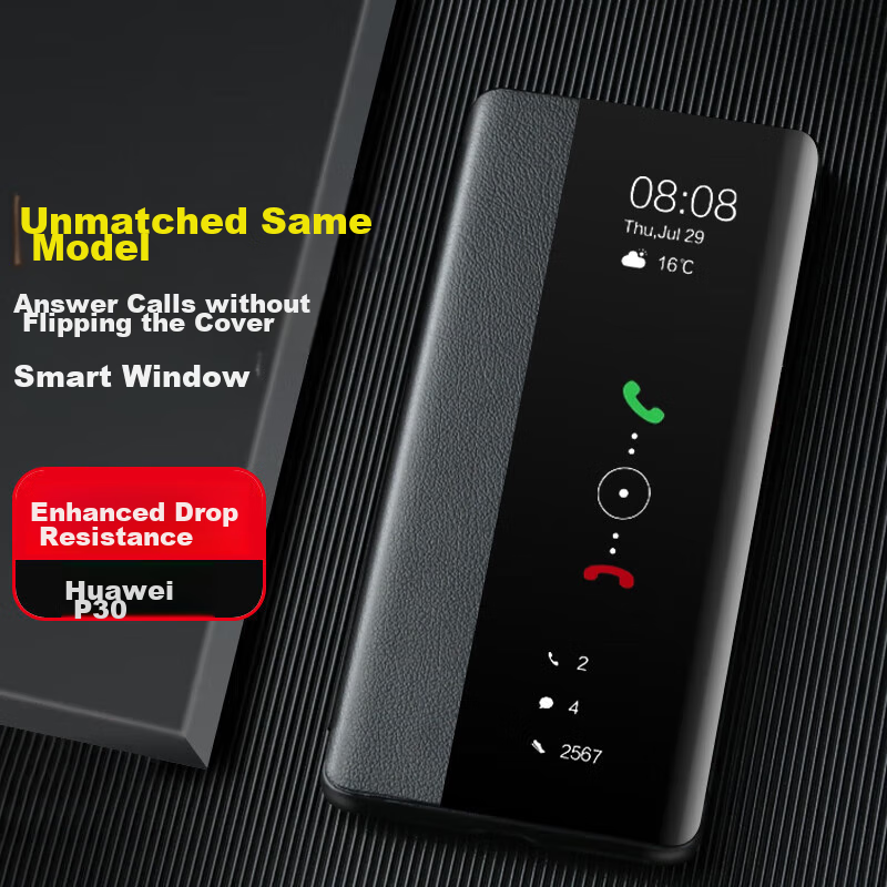 EDDGA Phone Case for Huawei P40, HUAWEI P40 Flip Cover Protective Case, Smart View Window Sleep Phone Case, Full Protection Anti-Drop High-End Men's Business Leather Case [Feather Sand Black]