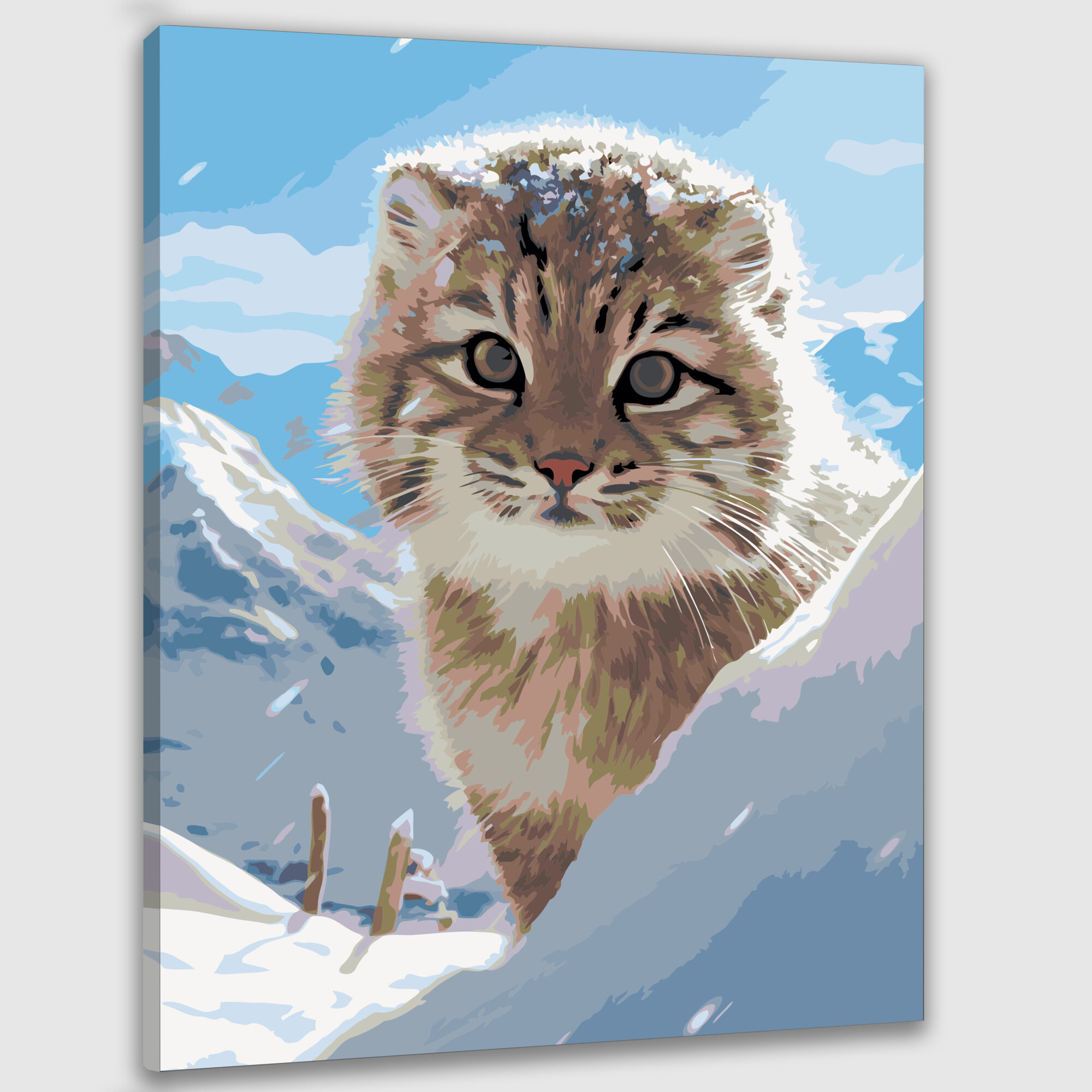 Картина по номерам 40x50 см, манул, заснеженное логово, яркий солнечный свет, глаза полны любопытства