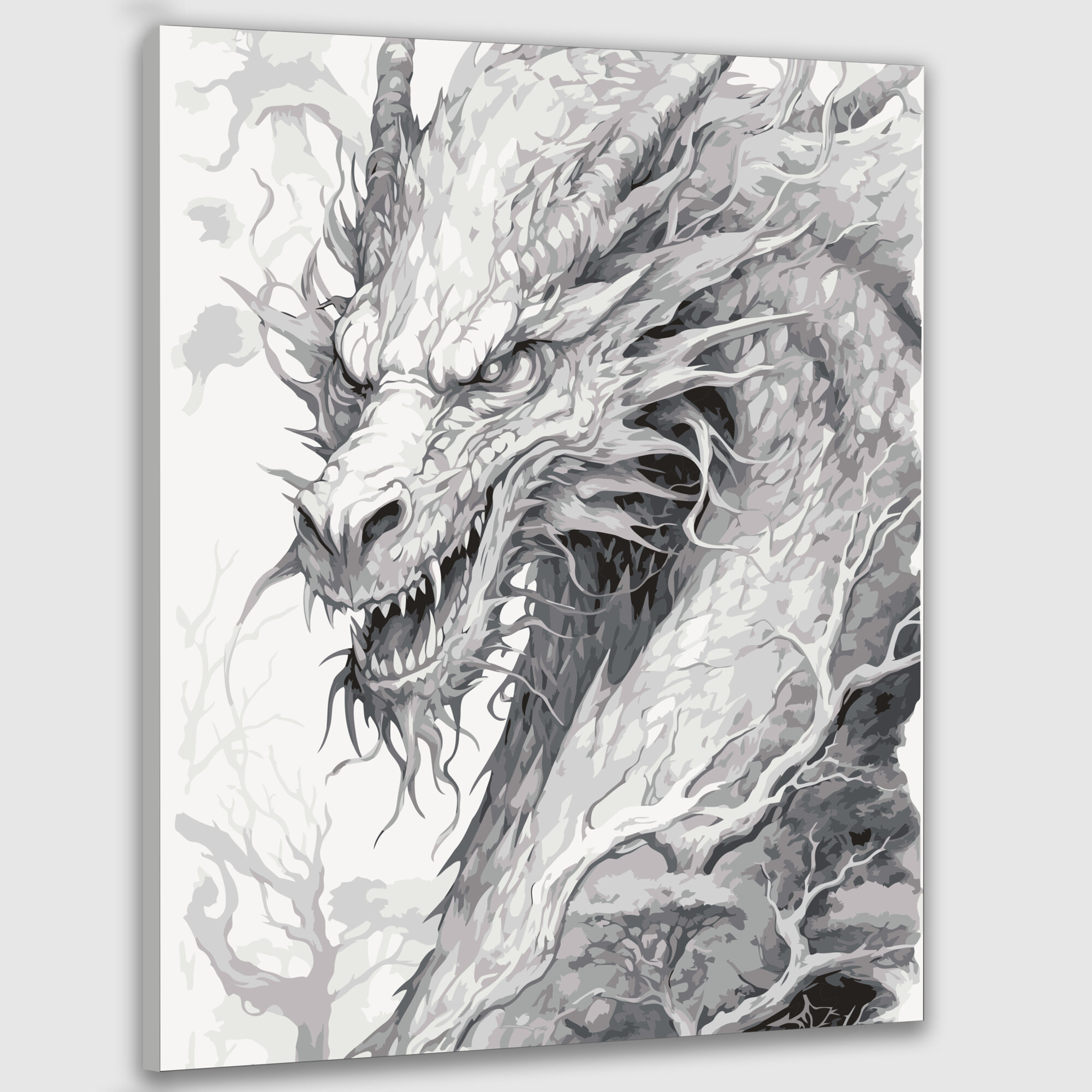 Картина по номерам 40x50 см, картина, рисунок, тушь, дракон, дыхание, ветер, чешуя, детализация, линии, штрих, сила