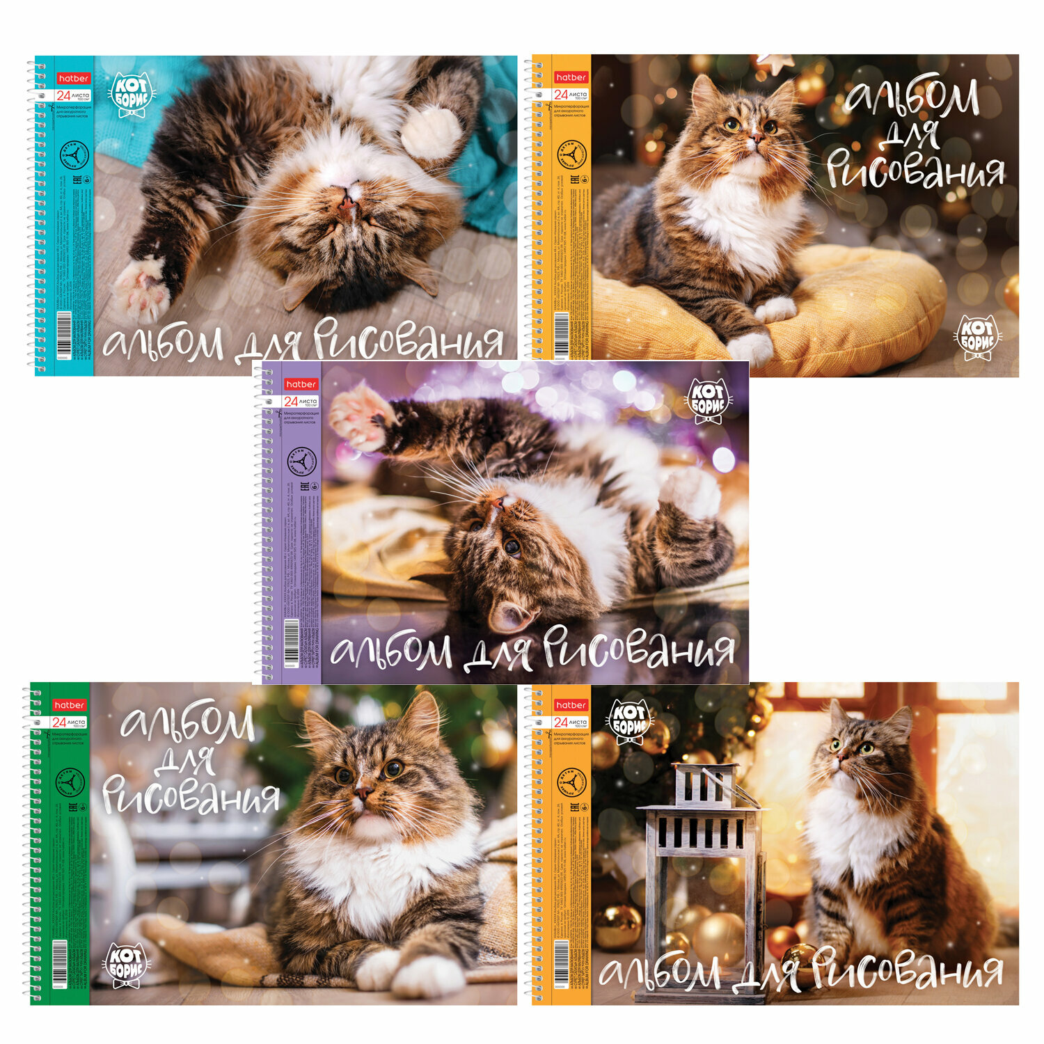 Альбом для рисования А4 24 л, спираль, обложка картон, HATBER, 198х300 мм, "Кот Борис" (5 видов), 079771, 24А4Всп (цена только за 1 шт.)