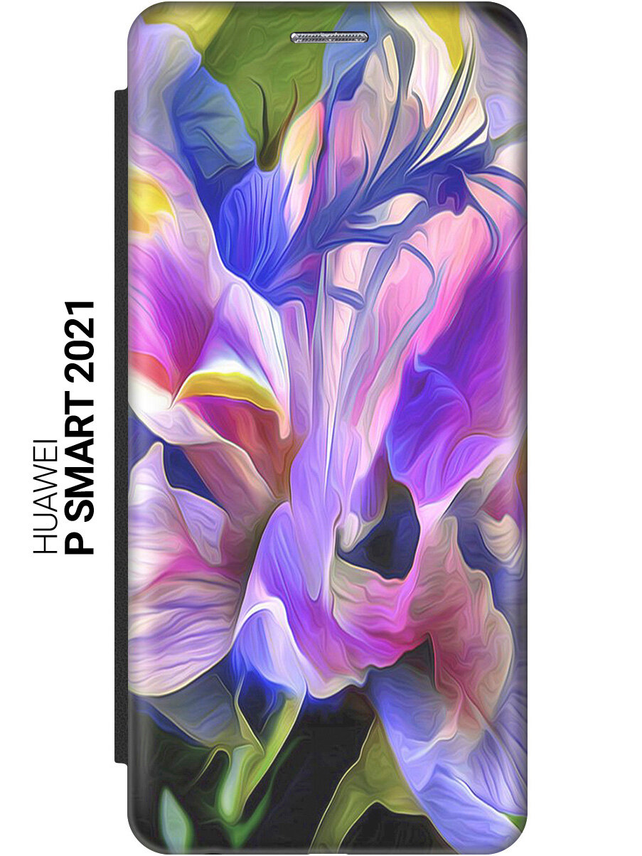 Чехол-книжка на Huawei P Smart (2021), Хуавей П Смарт (2021) с 3D принтом "Цветочная абстракция" черный