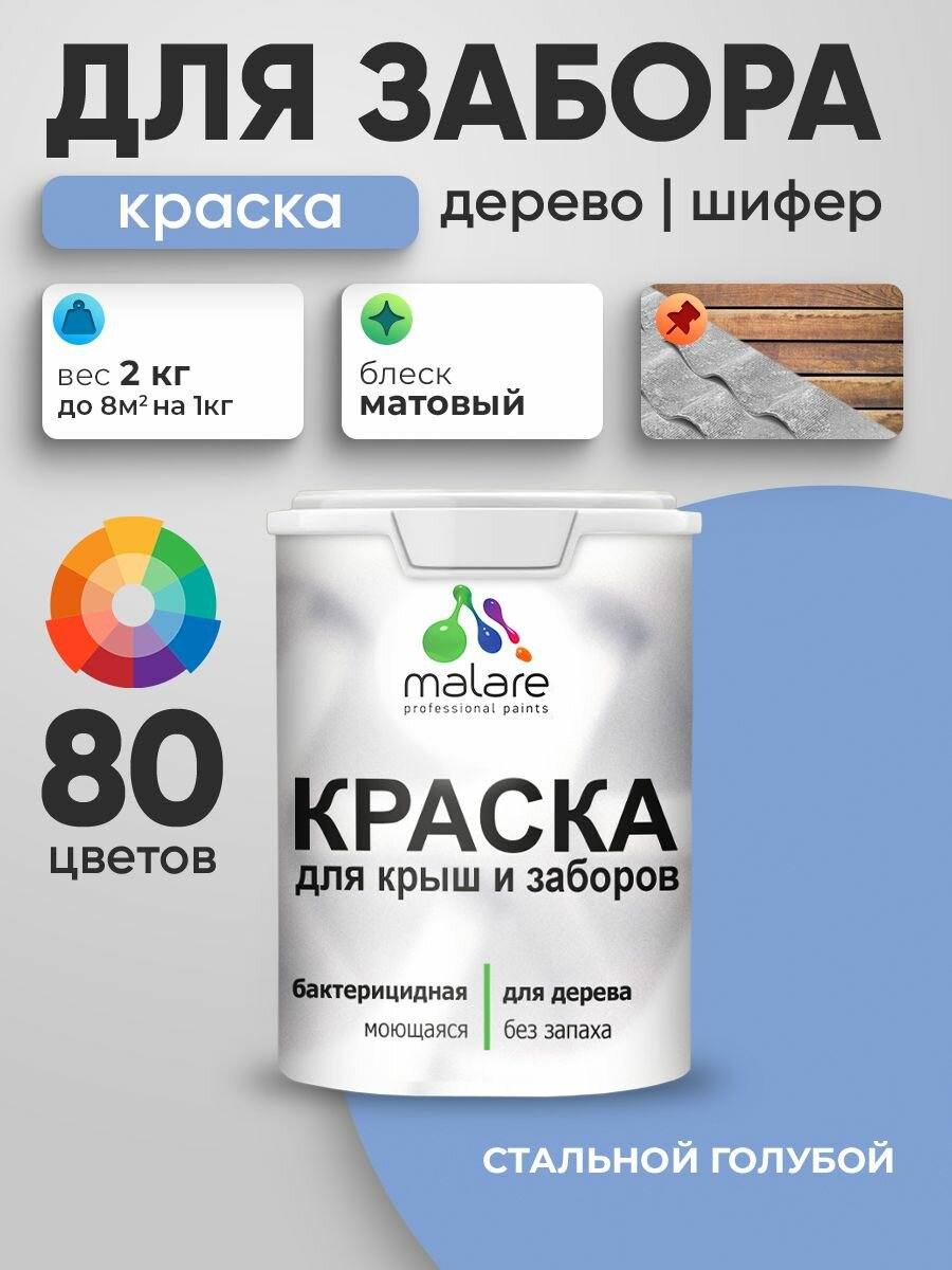 Акриловая краска Malare для деревянного забора/ по дереву для наружных и внутренних работ/ быстросохнущая моющаяся без запаха, матовая, стальной голубой, 2 кг.