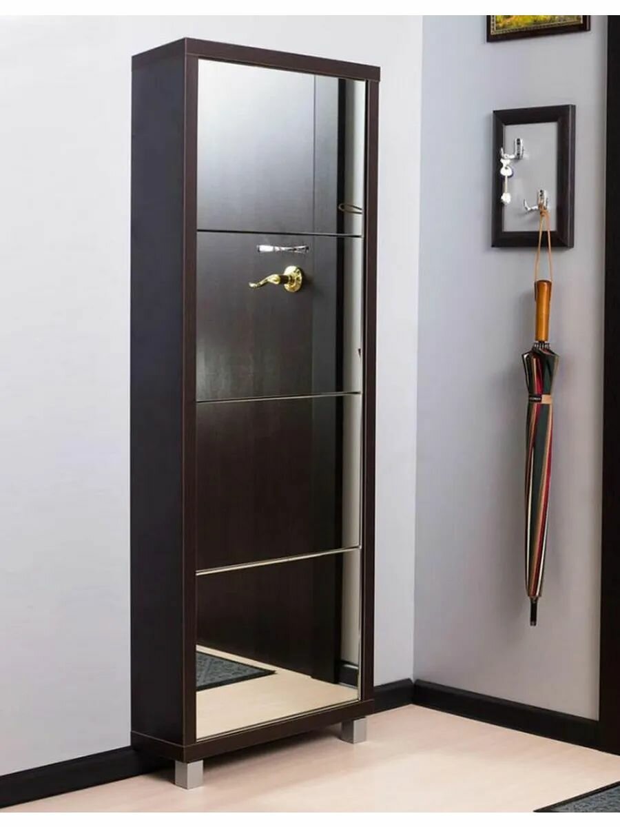 Обувница Люкс 4 с откидными дверцами, 54.5х19х140.5 см, Венге / Зеркало