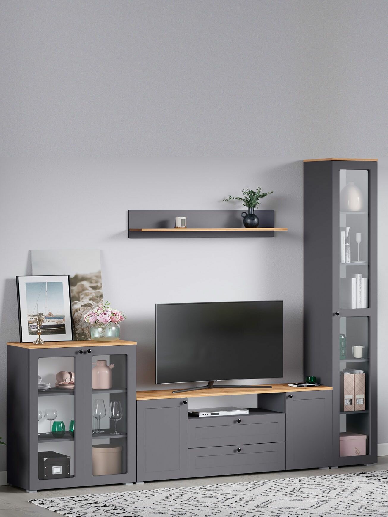 Гостиная комплект Остин, тумба под телевизор, настенная полка, шкаф-витрина, 280х41.9х229.8 см, Серый графит / Дуб Крафт золотой
