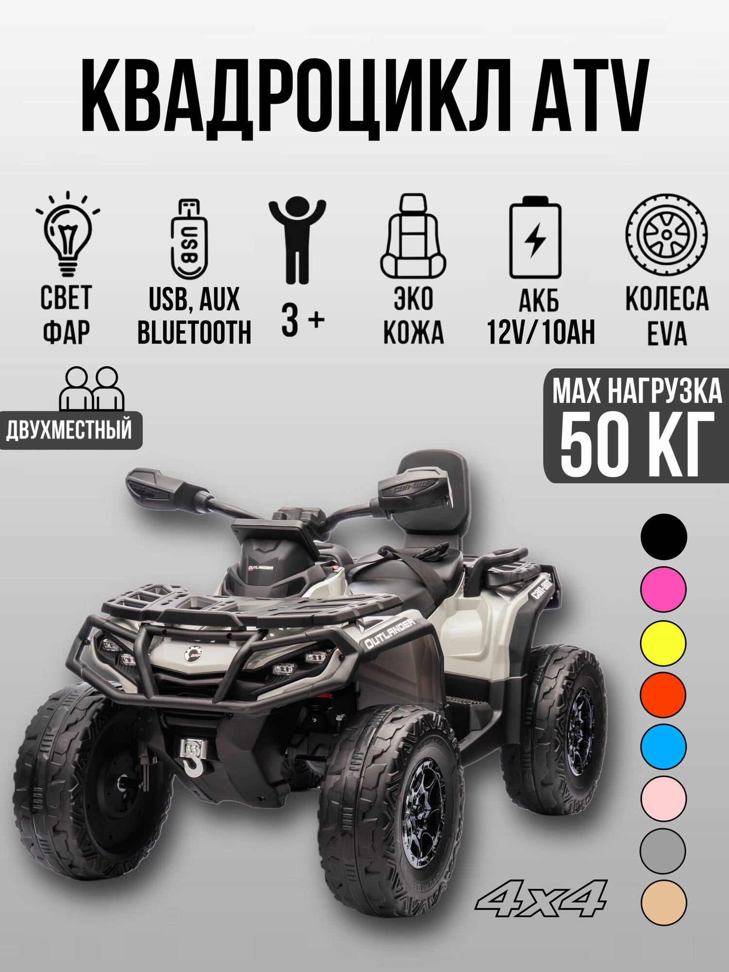 Двухместный детский электроквадроцикл BRP Can-Am Outlander + пульт