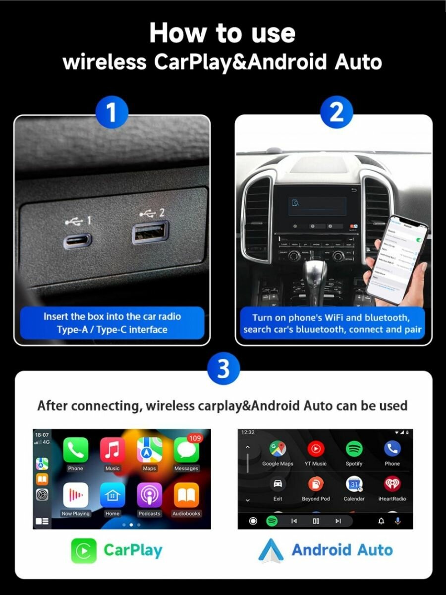 Аксессуары для автомобильных радиоприемников Carplay box Android беспроводной автомобильный адаптер "два в одном" — фото 1