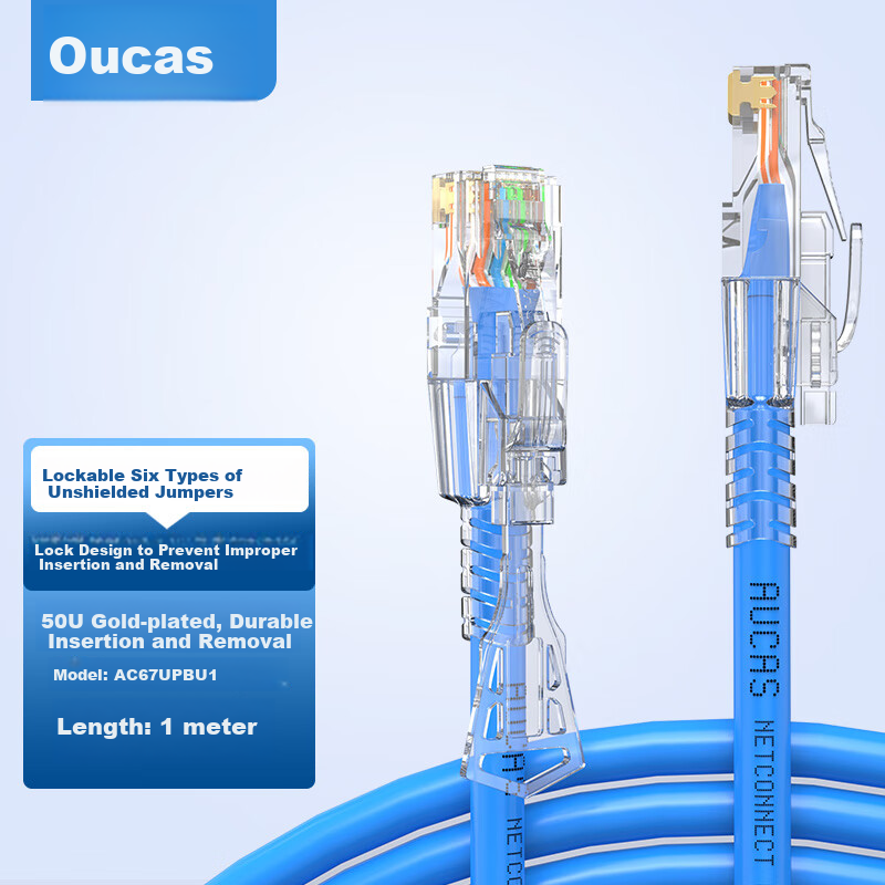 AUCAS CAT6 Lockable Patch Cord with Six Types of Anti-pull Locking Finished Jumpers, CAT6 Oxygen-free Copper Shielded Secure Locking Clip Theft-proof Data Engineering Network Cable Blue 1m AC67UP1BU