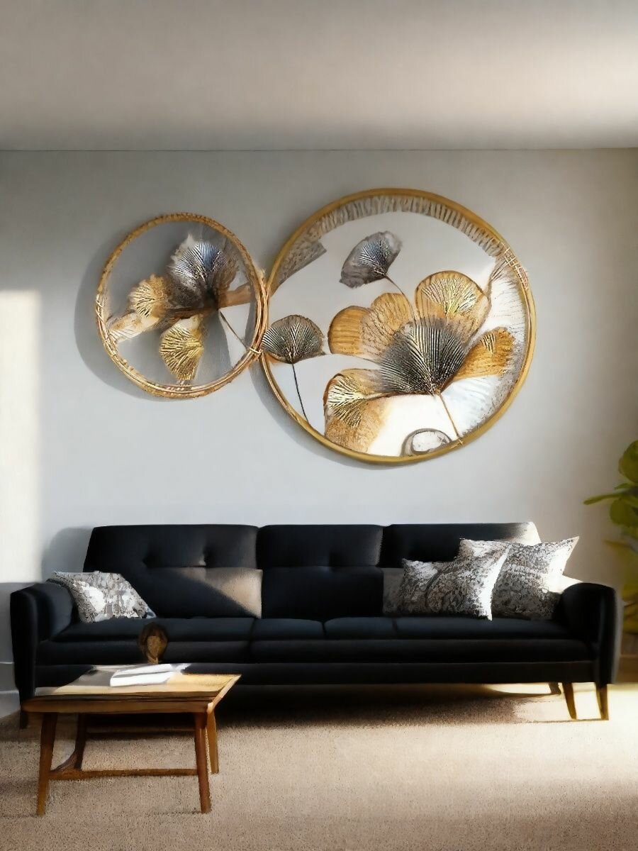 Металлическое панно на стену в стиле Арт-Деко 110х66 см, декоративное украшение для гостиной и спальни, кованое железо с листьями гинкго, трехмерный декор