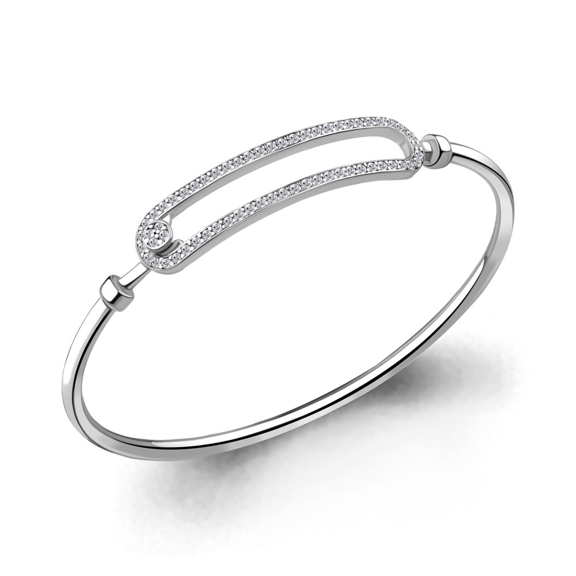 Жесткий браслет, серебро, 925 проба, родирование, фианит