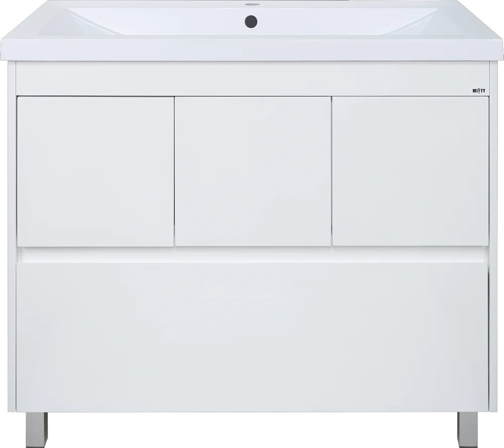 Тумба под раковину без столешницы Misty Алиса напольная, с ножками, белая, глянцевая, из МДФ, тумба для ванной, с ящиками, с дверками, с доводчиками
