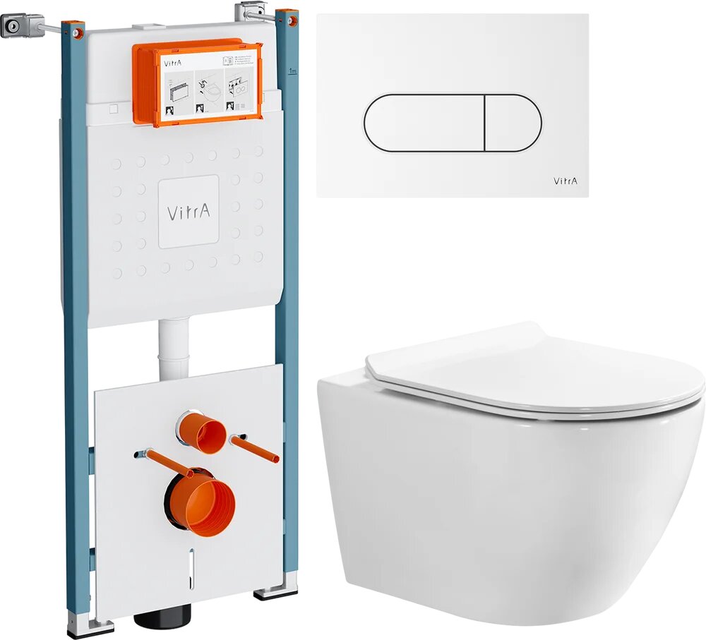 Комплект 3 в 1 Унитаз подвесной BOND Oval F12-10 / Инсталляция VitrA V-Fix Core 732-5800-01PV / Кнопка Root Round 740-2200 цвет глянцевый белый