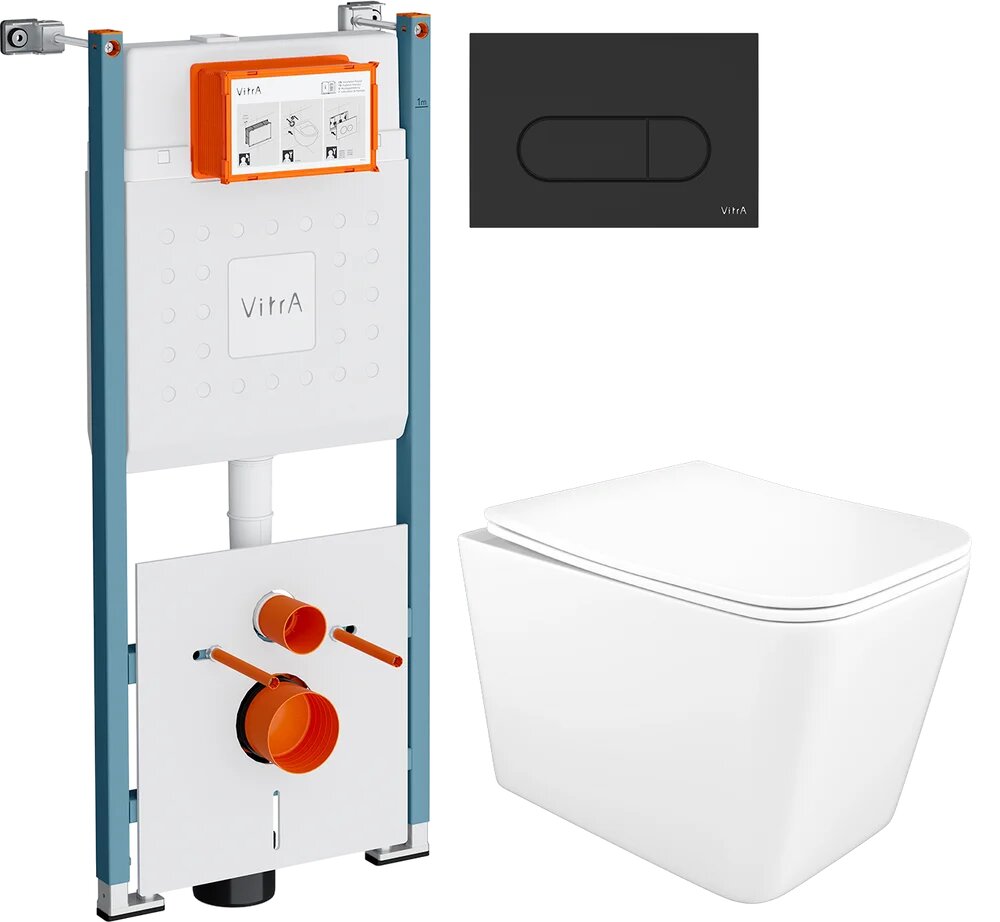 Инсталляция с унитазом комплект 3 в 1 Унитаз подвесной STWORKI Молде S23401WH безободковый, с микролифтом, антивсплеск / Инсталляция VitrA V-Fix Core 732-5800-01PV / Кнопка черная