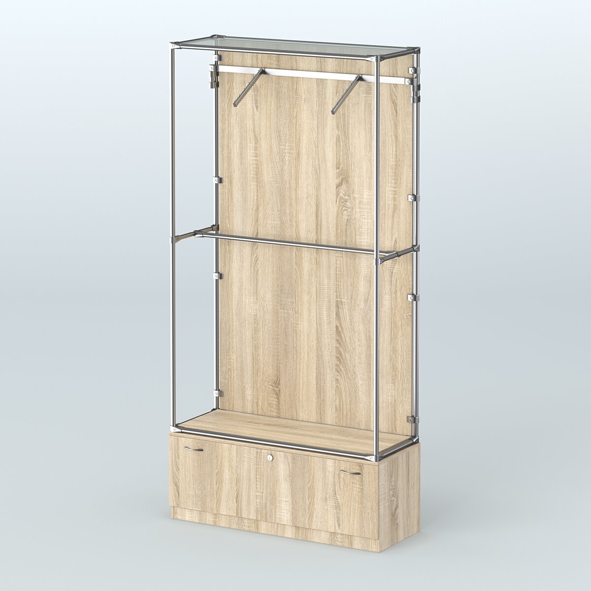 Торговая система хром (задняя стенка - ДСП) 1200 мм №4-1 с тумбой Т-11 и поручнями, Дуб Сонома