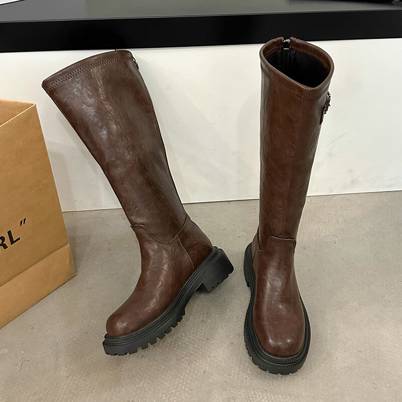 Длинные сапоги в ретро-британском стиле на толстой подошве и толстом каблуке для женщин, новинка 2025 года, облегающие рыцарские сапоги с круглым носком на весну и осень