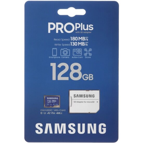 Карта памяти Samsung micro SDXC 128Gb Pro Plus UHS-I U3 V30 A2 (180/130 Mb/s)