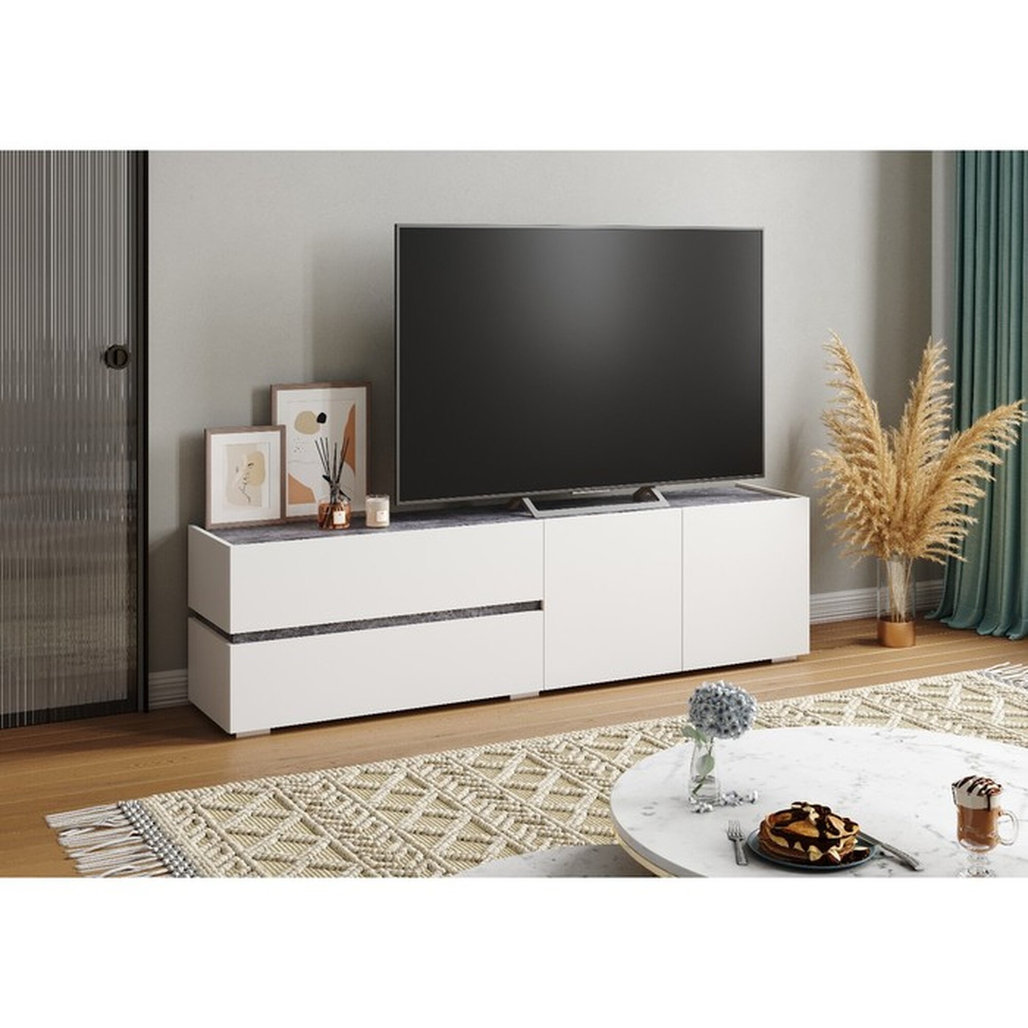 Тумба под ТВ Сима-ленд Аркон, ЛДСП, 180x37x49 см, 2 ящика, ножки, белая/темно-серая