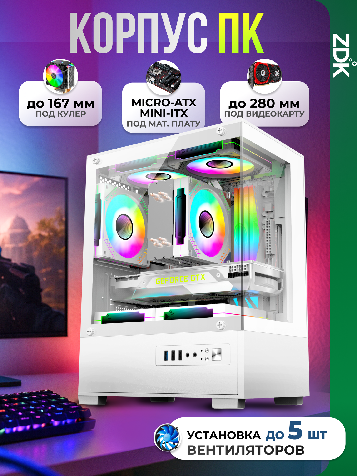 Корпус для пк atx компьютерный игровой системный блок ZDK LC-501-W, корпус Mini-Tower (M-ATX/ITX), цвет белый