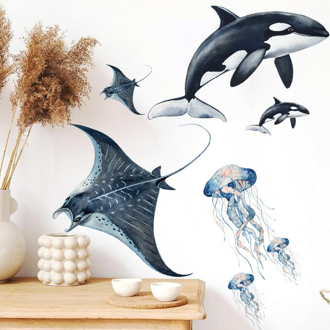 Наклейки на стену с изображением морских животных, акварельные киты, манты, медузы, рыбы-косатки, виниловые обои для детской спальни, детской игровой комнаты, гостиной, ванной комнаты, самоклеящиеся съемные наклейки из ПВХ