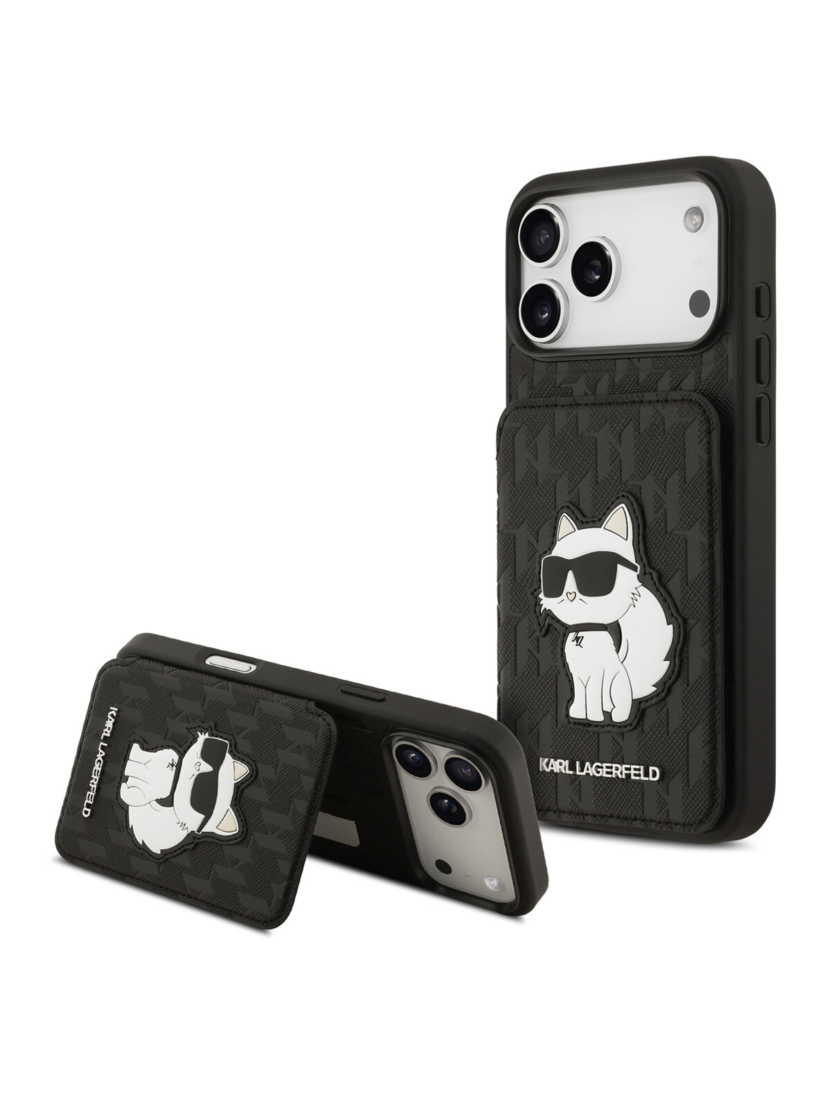 Чехол Karl Lagerfeld на iPhone 17 Pro, с картхолдером с функцией подставки, из экокожи Saffiano, черный