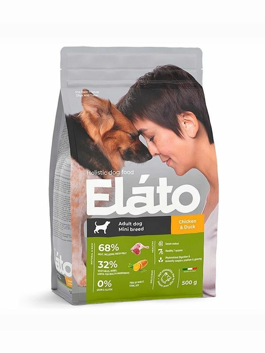 Корм Elato для взрослых собак мелких пород с курицей и уткой 500г