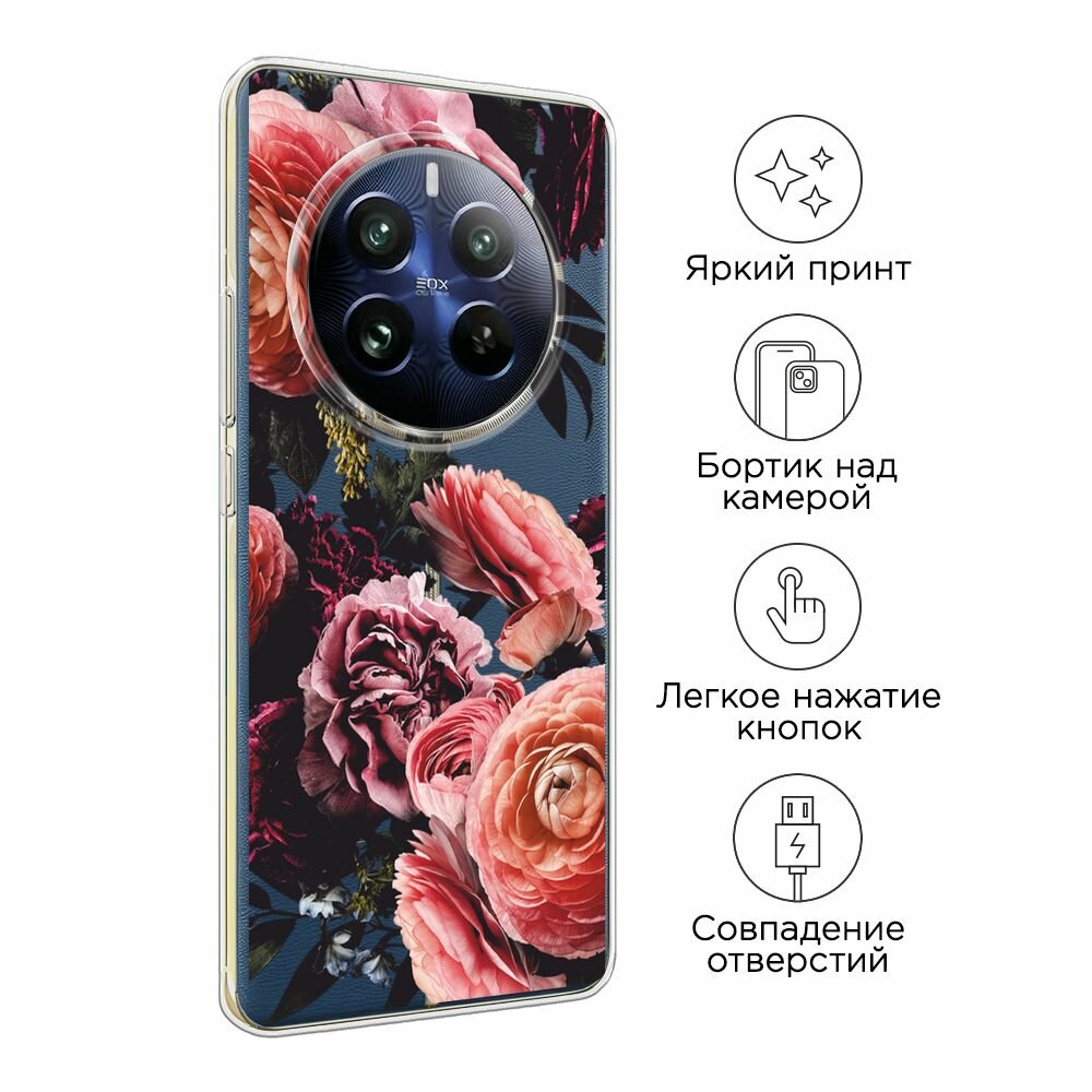 Чехол на Realme 12 Pro / Реалми 12 Про с принтом "Бордовые винтажные цветы", прозрачный — фото 1