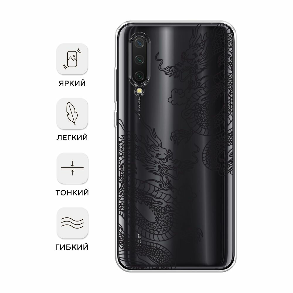 Чехол на Xiaomi Mi CC9/A3 Lite/9 Lite / Сяоми Mi CC9/A3 Lite/9 Lite с принтом "Два китайских дракона", прозрачный — фото 1