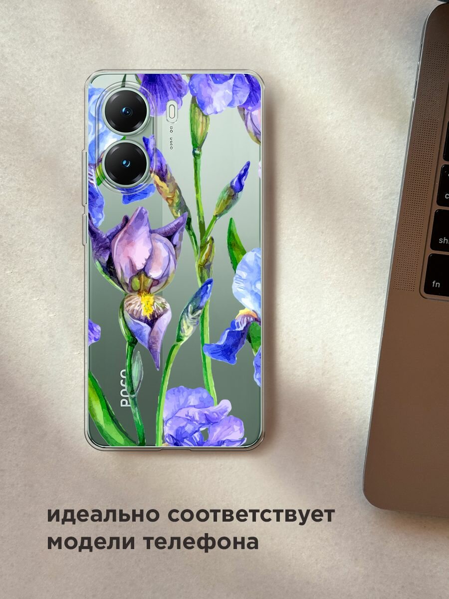 Чехол на Poco X7 Pro / Поко X7 Про с принтом "Синие ирисы", прозрачный — фото 1