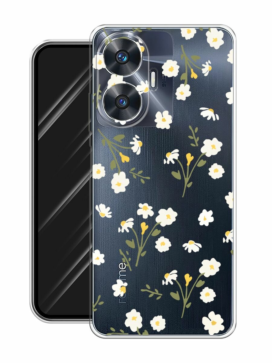 Чехол на Realme C55 / Реалми C55 с принтом "Пучки ромашек паттерн", прозрачный — фото 1