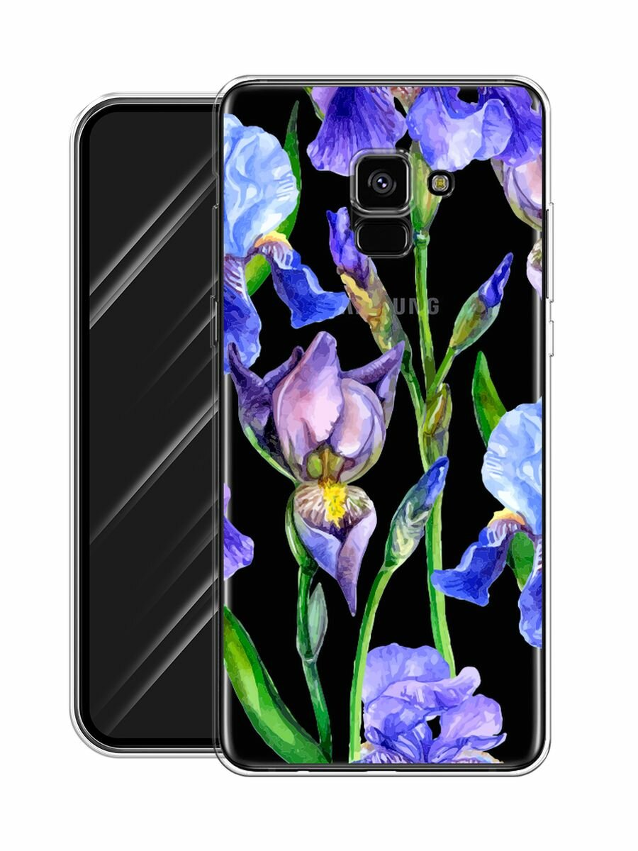 Чехол на Samsung Galaxy A8 + / Самсунг Галакси А8 Плюс 2018 с принтом "Синие ирисы", прозрачный — фото 1