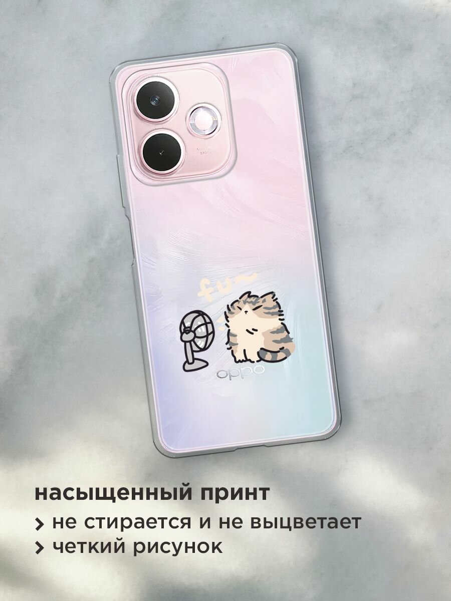 Чехол на Oppo A5 Pro / Оппо А5 Про с принтом "Котик с вентилятором", прозрачный — фото 1