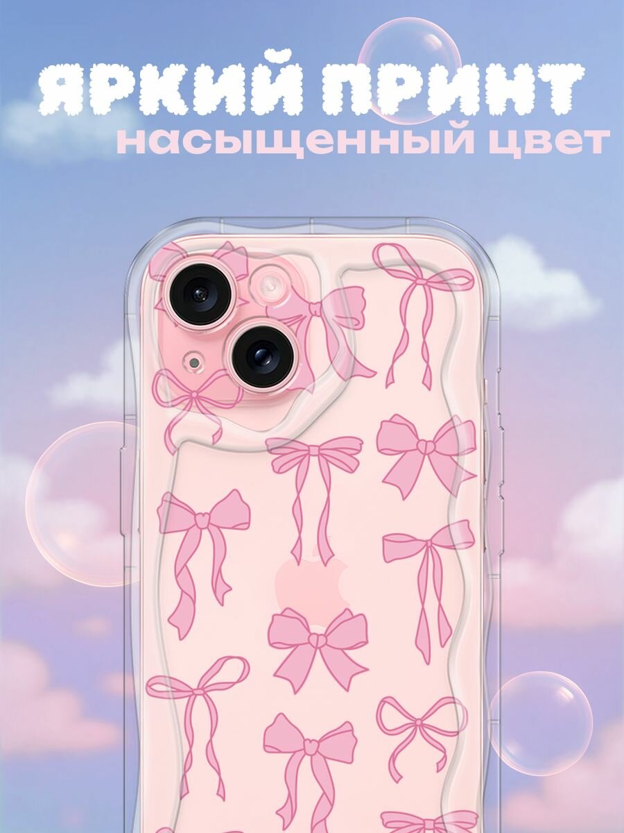 Чехол на Apple iPhone 15 / Айфон 15 с принтом "Розовые бантики паттерн" — фото 1
