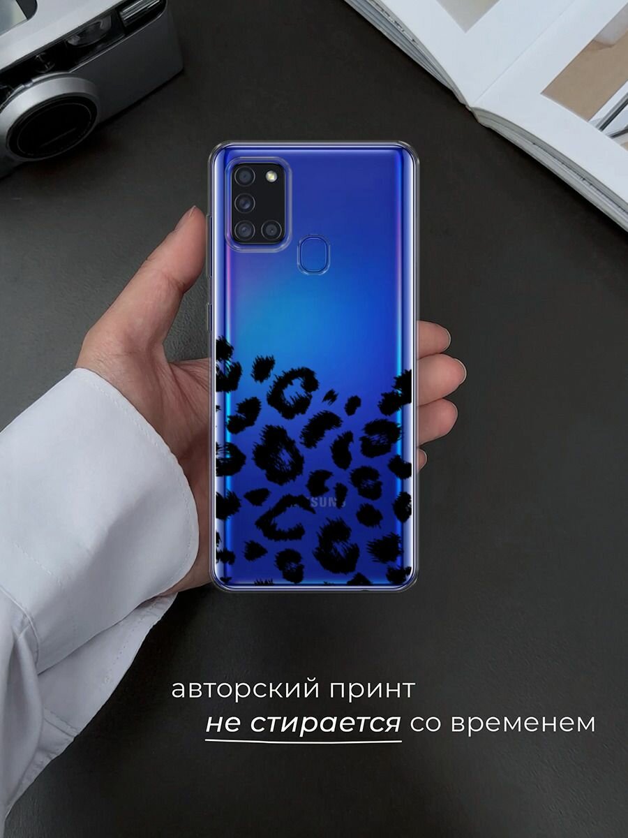 Чехол на Samsung Galaxy A21s / Самсунг Галакси A21s с принтом "Окрас леопарда фон черный", прозрачный — фото 1