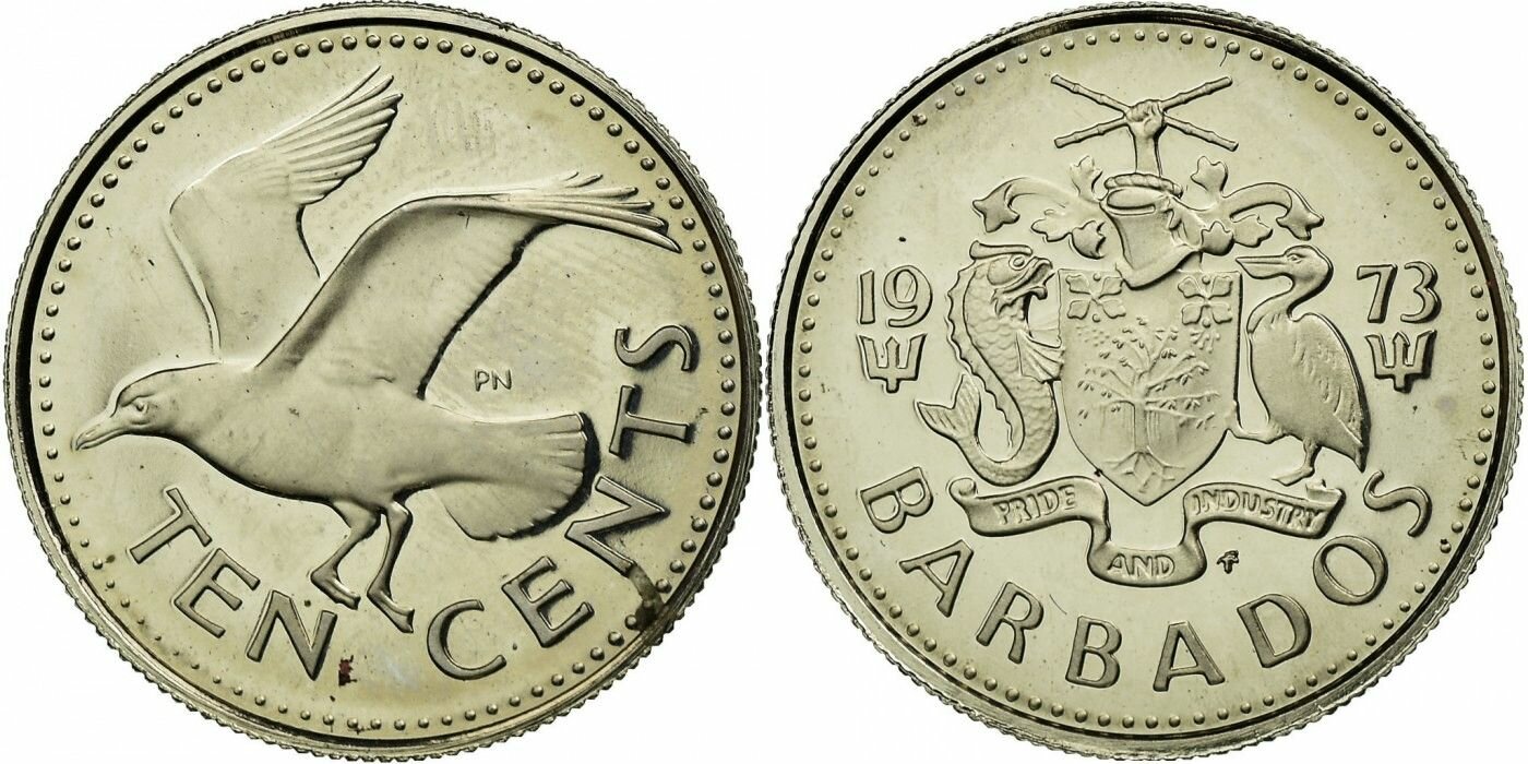 Барбадос 10 центов, 1973 - 2005 Чайка XF