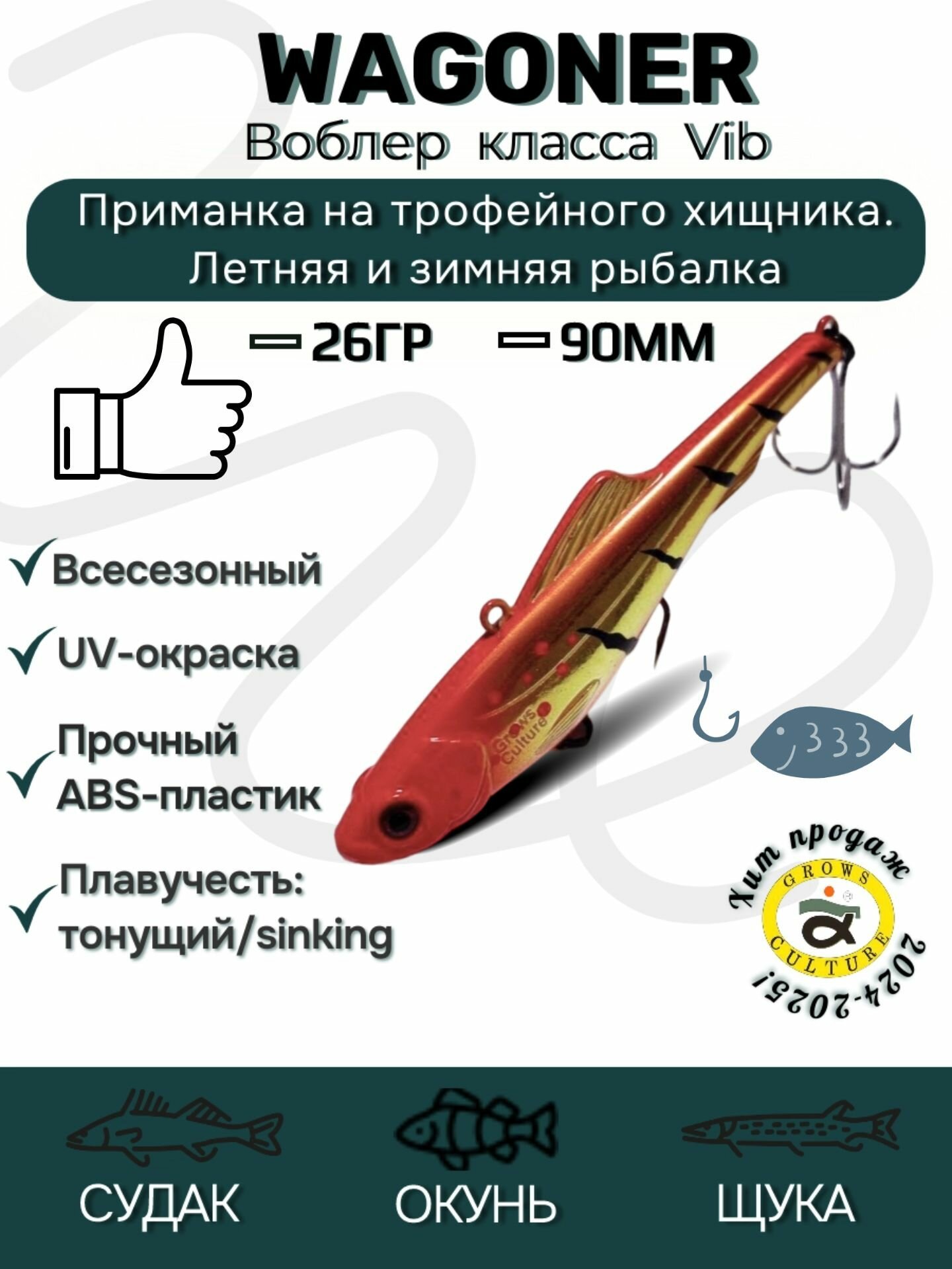 Воблер Vib Wagoner 90 мм / 26 г , Тонущий виб, Приманка на судака, окуня, щуку. Айс джиг / Спиннинг, под Relax Wagner