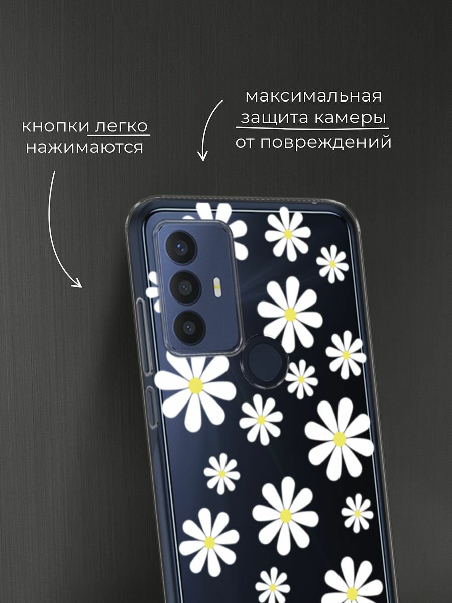 Чехол на TCL 30E/30 SE/305/306 / ТСЛ 30E с принтом "Большие ромашки", прозрачный — фото 1