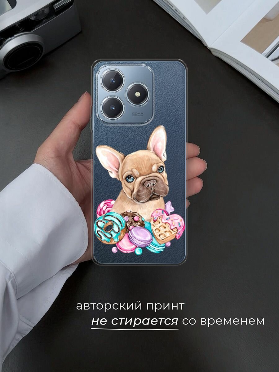 Чехол на Realme C63 / Реалми С63 с принтом "Бульдог и сладости", прозрачный — фото 1