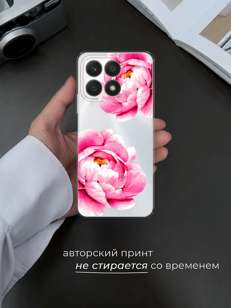 Чехол на Honor X8A / Хонор X8A с принтом "Open peonies", прозрачный — фото 1