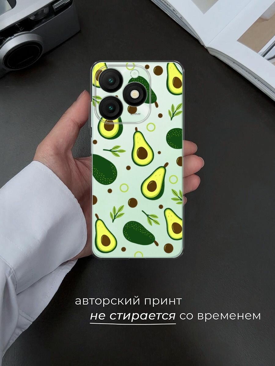 Чехол на Itel A50 / Ител А50 с принтом "Авокадо паттерн", прозрачный — фото 1