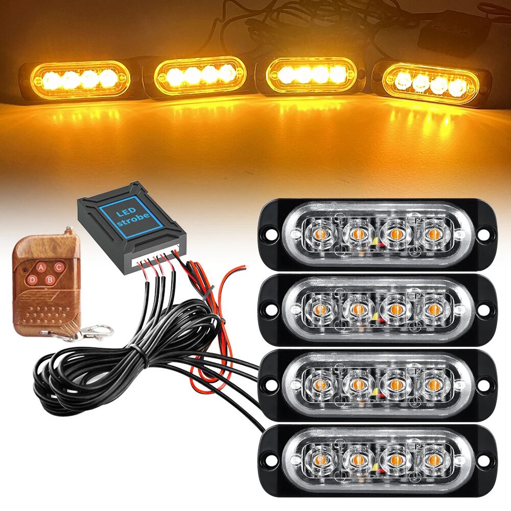 Автомобильный стробоскоп 4LED, янтарный, 12-24В, с пультом